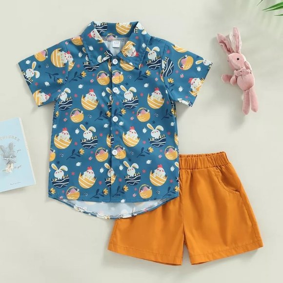 Matching Sets | Easter Bunny Rabbit Chick Boys Short Sleeve Button ...